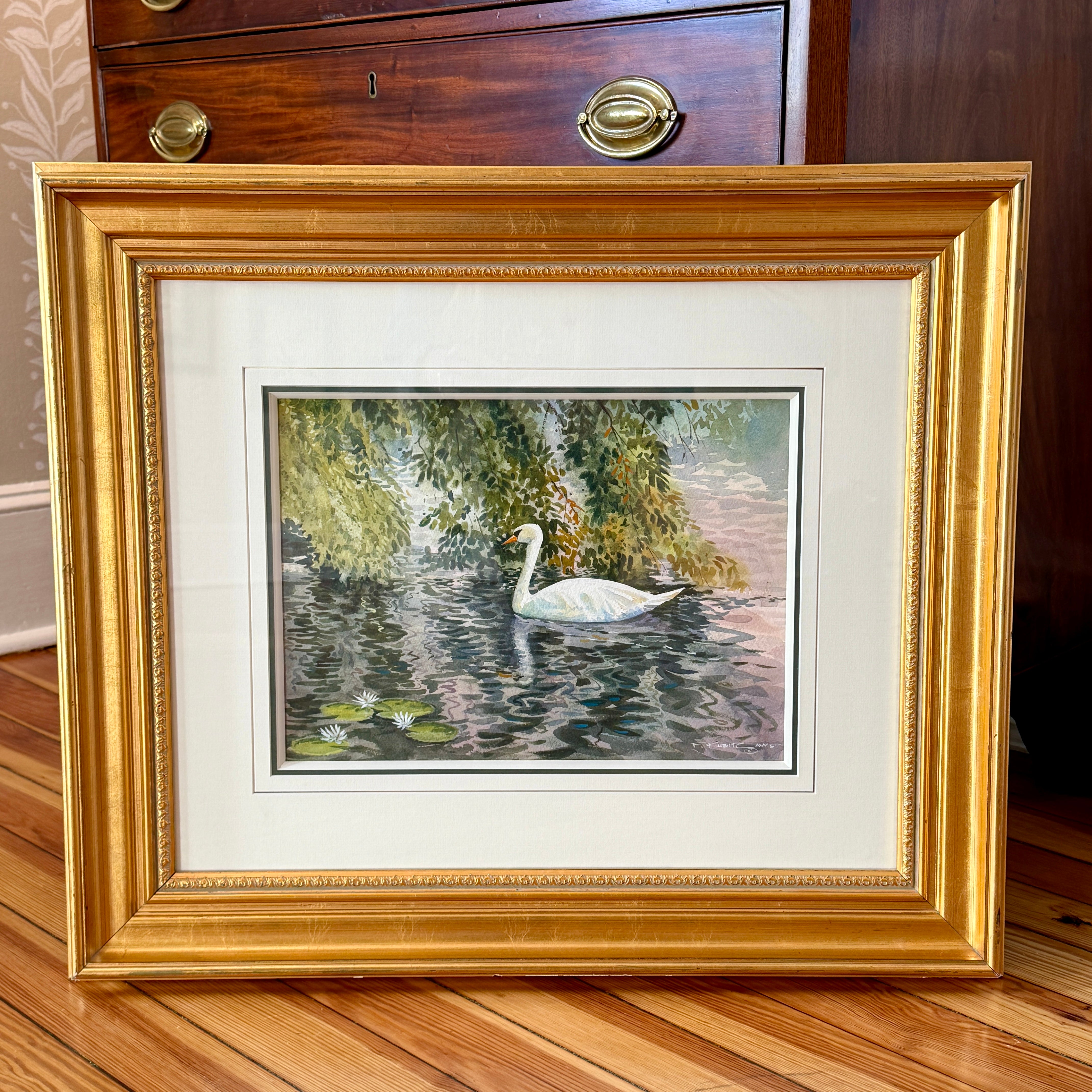 Frederick Kubitz Swan in Lily Pond Watercolor Painting in Gold Frame ...