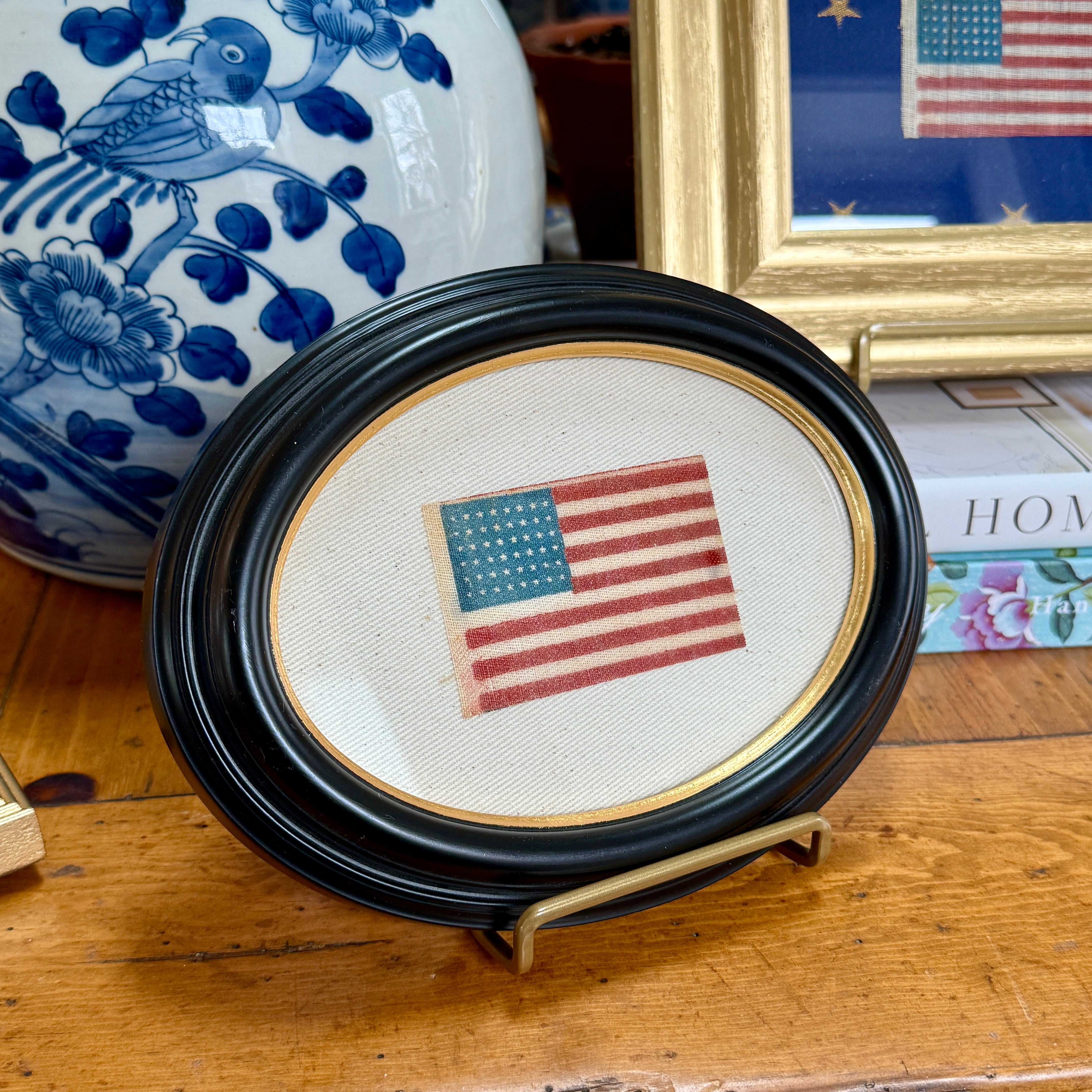 Antique 48 Star Parade Flag on Ivory Twill in Gilded Thick Black Oval ...