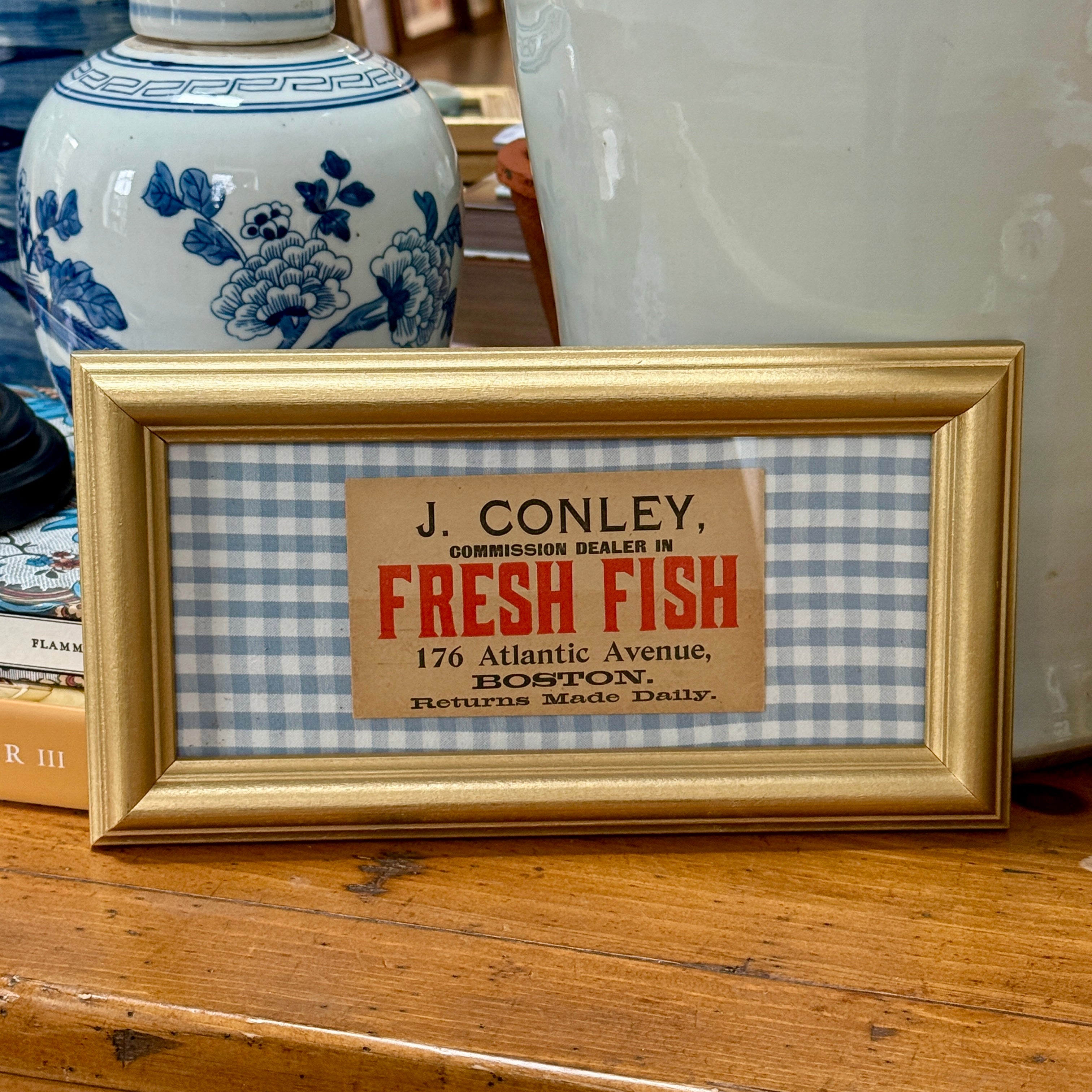 Fresh Fish Old Boston Fishmonger's Tag on Light Blue Gingham in Gold F ...