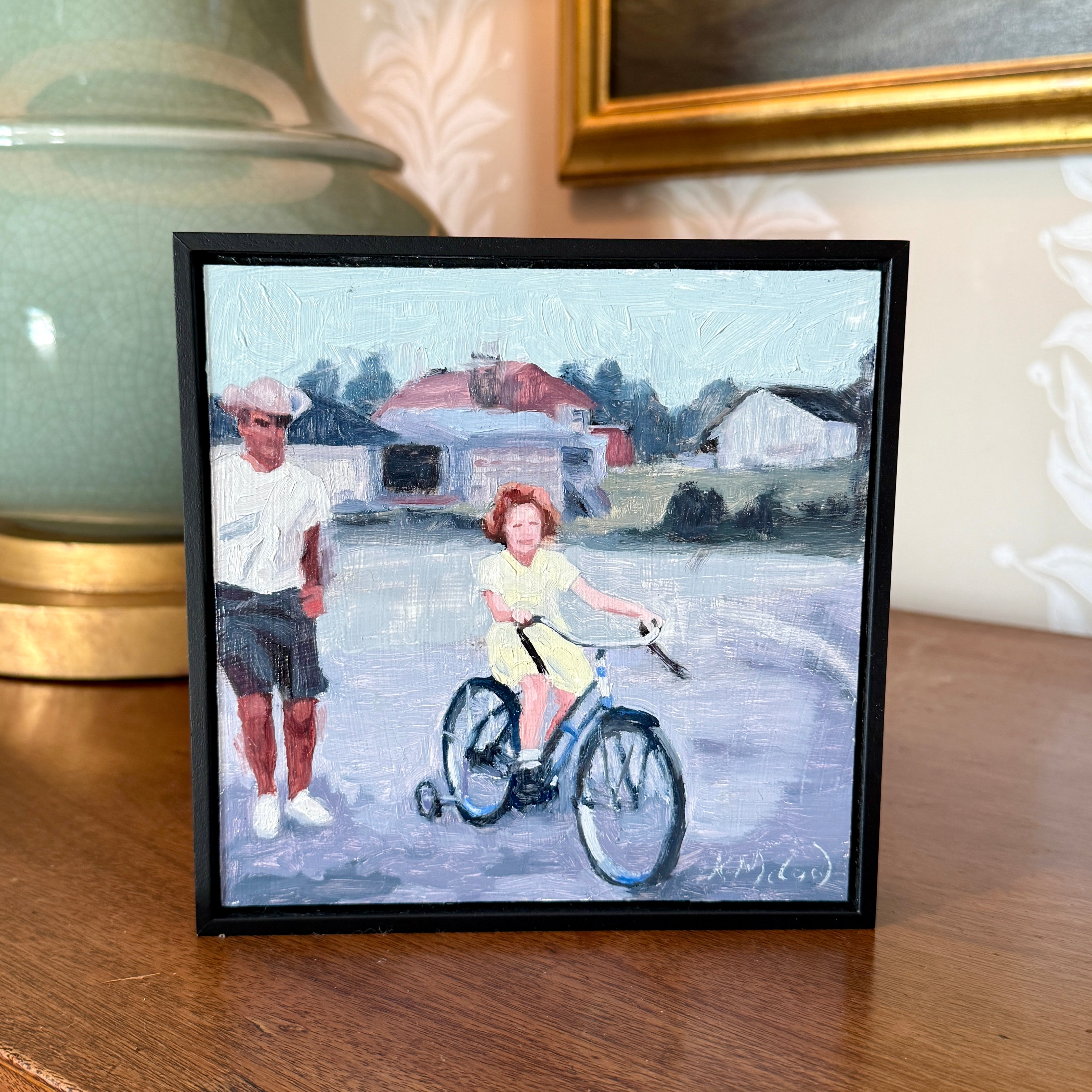 Karen McCool Learning to Ride Father Daughter Oil Painting in Black Fl ...