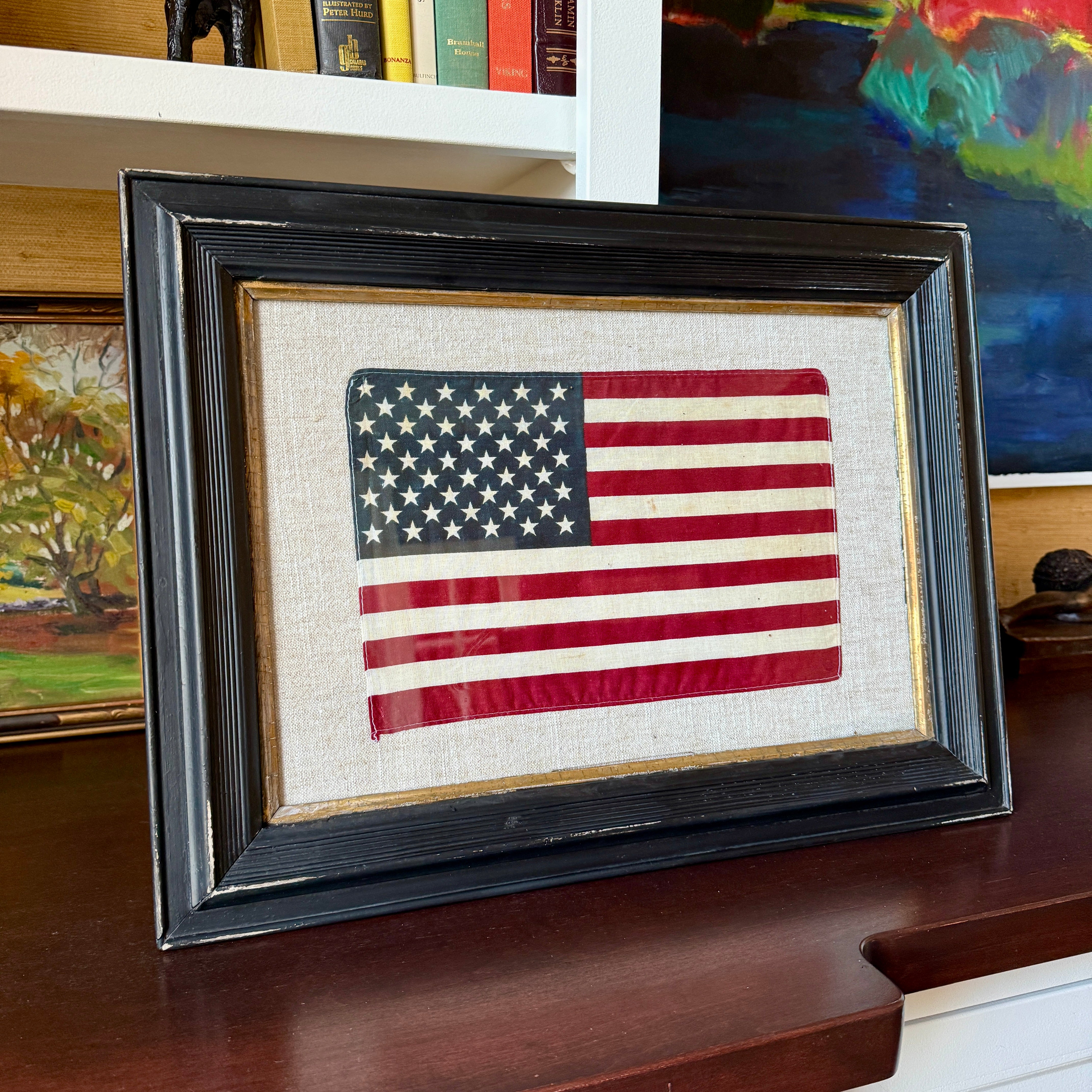 50 Star American Flag on Natural Linen in Antique Black and Gilded Fra ...
